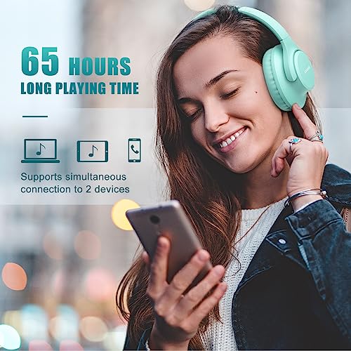 KVIDIO [Updated] Bluetooth Headphones Over Ear, 65 Hours Playtime Wireless Headphones with Microphone,Foldable Lightweight Headset with Deep Bass,HiFi Stereo Sound for Travel Work Cellphone (Green)