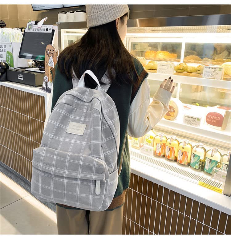AONUOWE Light Academia Aesthetic Backpack Plaid Preppy Backpack Teen Girls Back to School Supplies Checkered Bookbags (Light Grey)