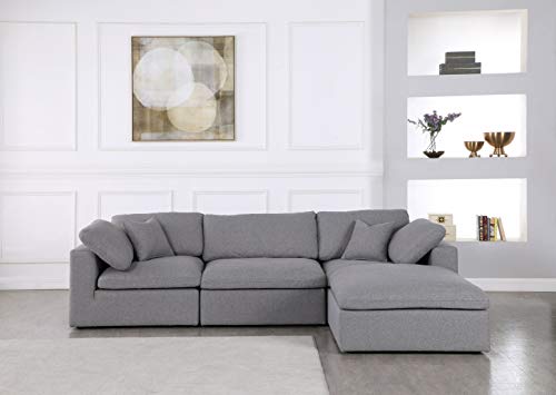 Meridian Furniture Serene Collection Modern | Contemporary Deluxe Comfort Modular Sectional, Soft Linen Textured Fabric, Down Cushions, 2 Corner + 1 Armless + 1 Ottoman, Grey