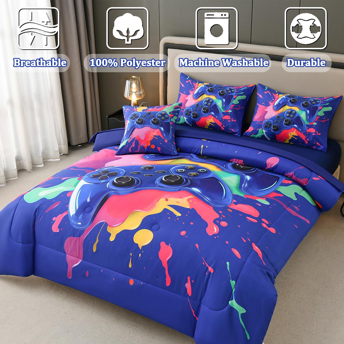 Tasselily Game Console Full Comforter Set with Sheets, Microfiber 6 Pcs Bed in A Bag Full Size Gamer Bedding Set for Boys Kids Teens