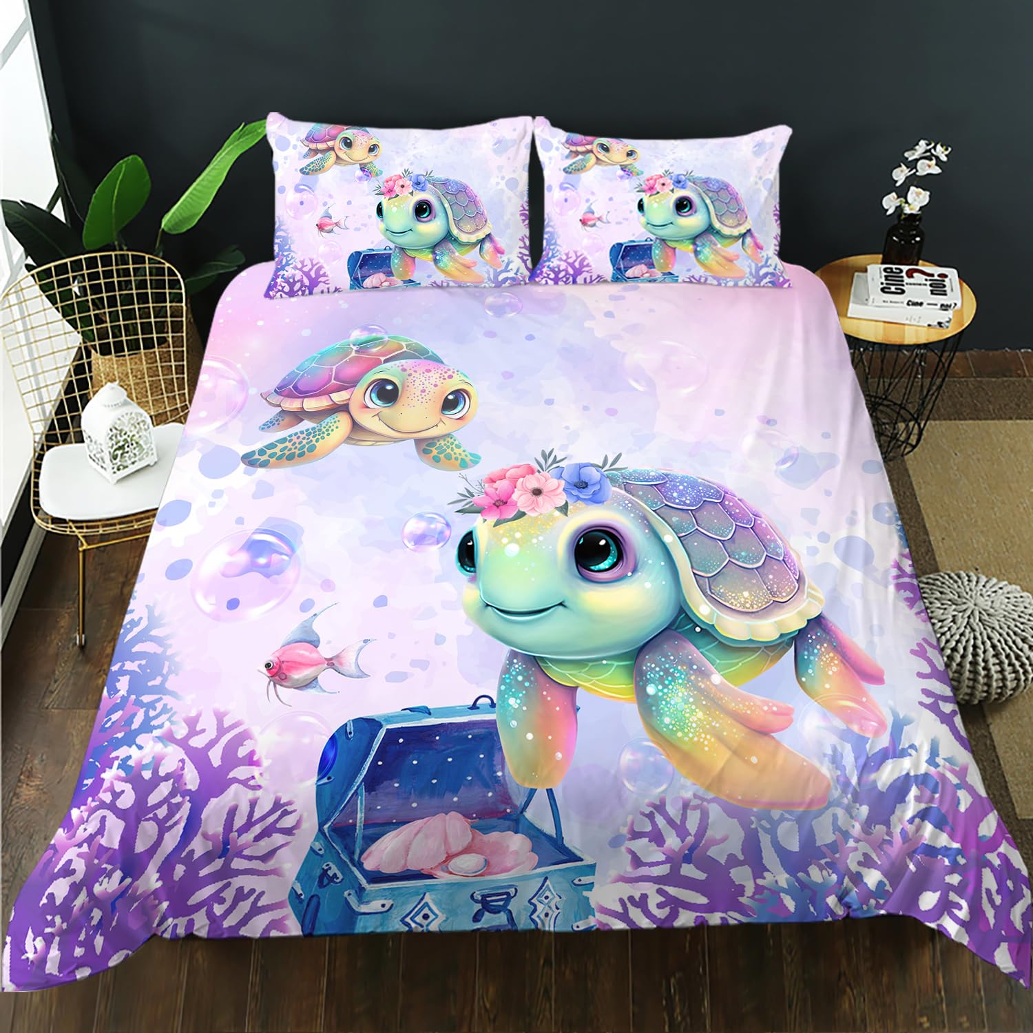 AILONEN Kawaii Sea Turtle Duvet Cover Set Full Size, Ocean Turtle Bedding Set for Girls Kids,Watercolor Tie Die Turtle Comforter Cover,Moon and Sails Duvet Cover,3 PCS,1 Quilt Cover and 2 Pillowcases