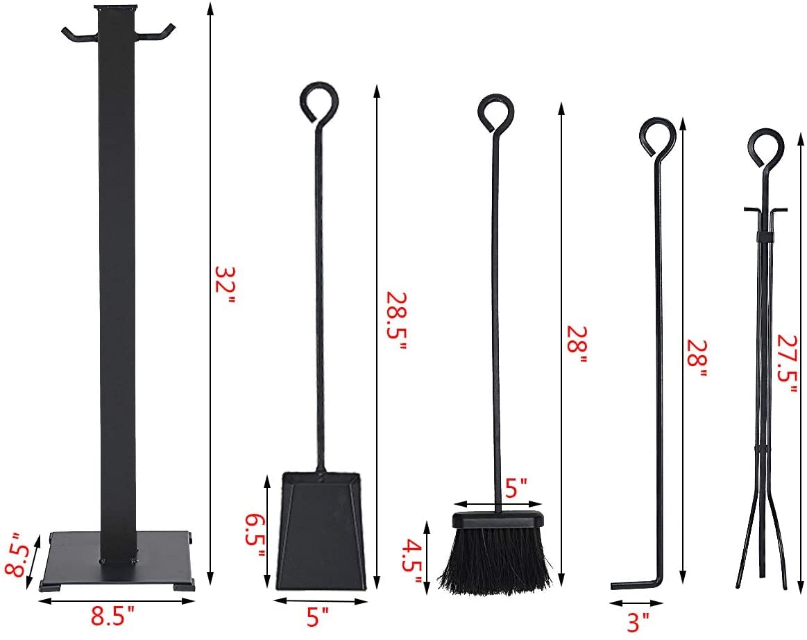 Hysache 5-Piece Fireplace Tool Set, Heavy Duty Wrought Iron Toolset w/Tong,Poker, Shovel, Brush, Indoor & Outdoor Hearth Wood Stove Firepit Accessories, Compact Fireplace Tool Set