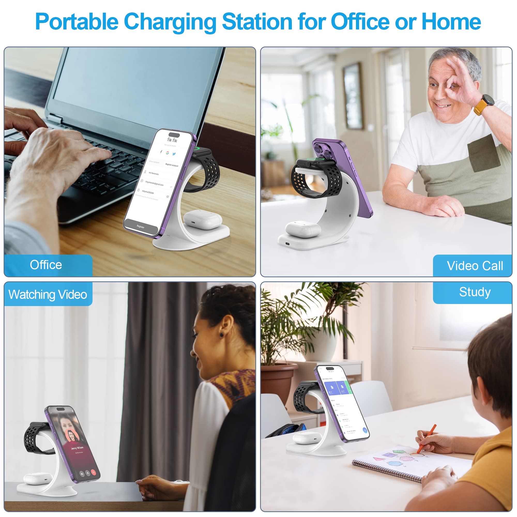 3 in 1 Wireless Apple Charging Station Magnetic Fast Charger Stand Dock Multiple Devices for iPhone 14/Pro/Max/Plus/13/12,Watch Series 8/7/6/SE/5/4,AirPods 3/2/Pro(Adapter Included)