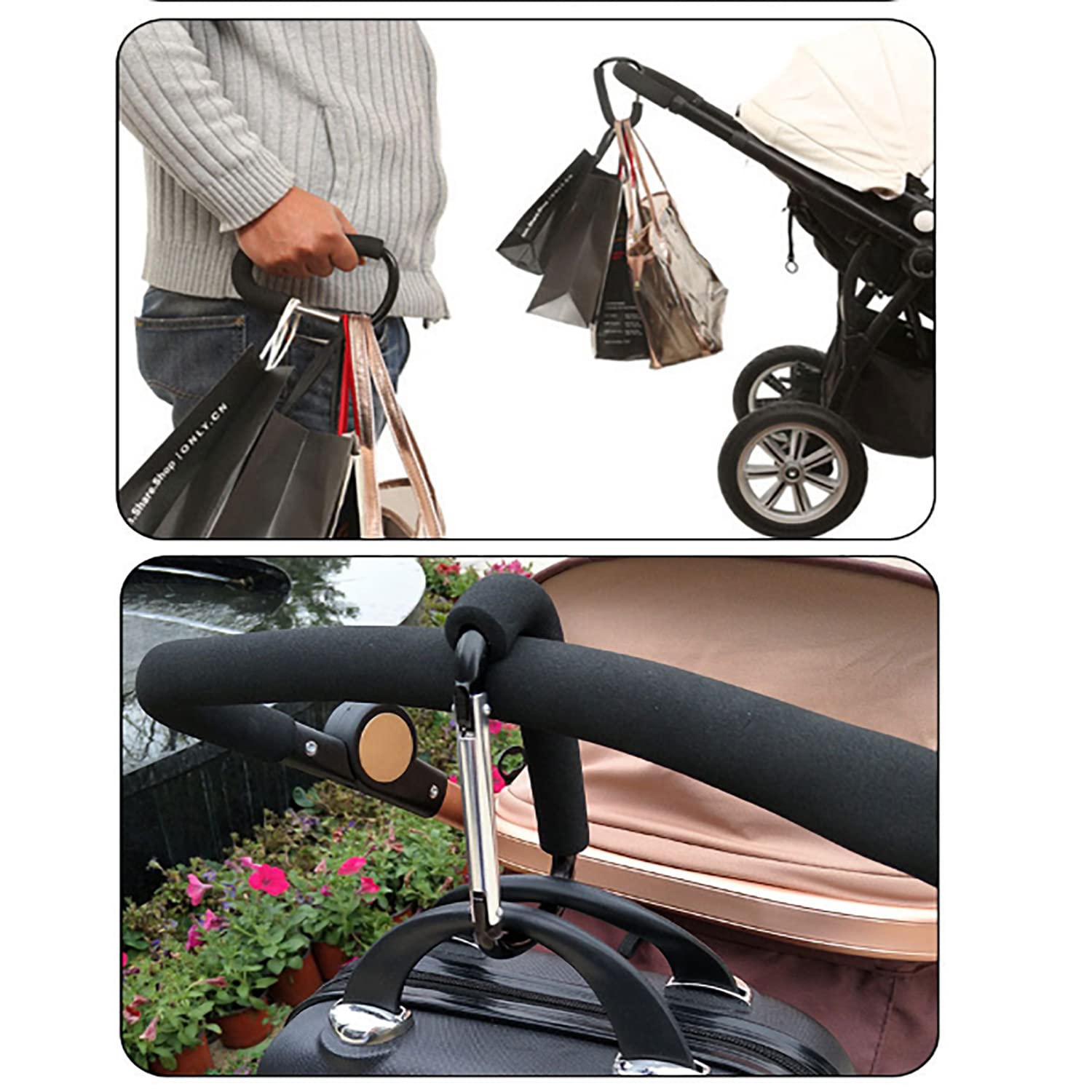 MroMax Pack of 2 Grocery Bag Holder Handle Carrier Tool Grip Your Tote,Handy Stroller Hooks, Multi Purpose Hooks, Pushchair Shopping Bag Hook Carabiner Maximum Load 6.61 lb (Red)