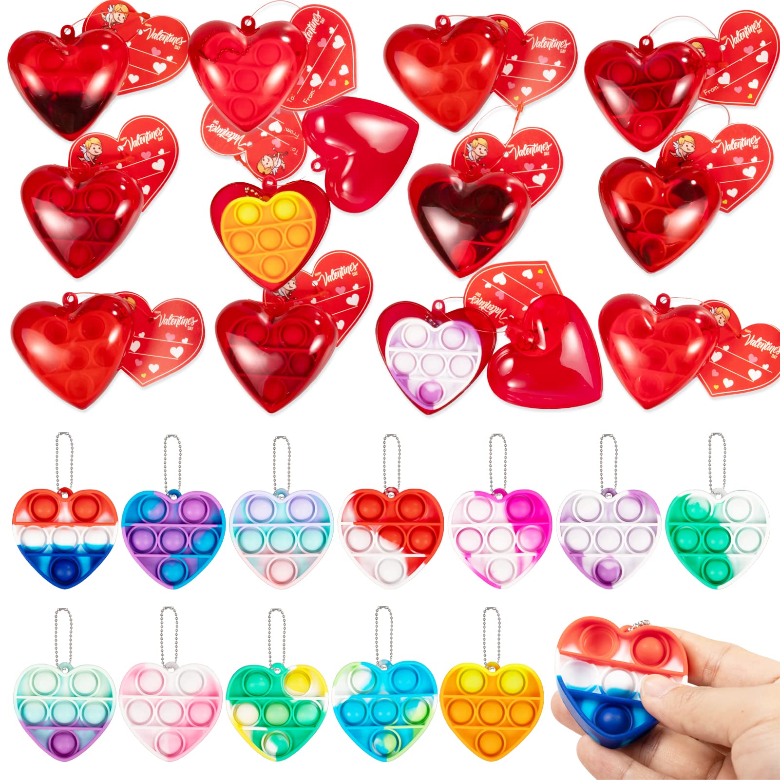 Kids Valentines Day Gifts for Classroom - Valentine Prefilled Hearts with Poppers Fidget Keychains and Gift Tags for Boys Girls Exchange Gifts, Party Favor Prizes, Valentine’s Greeting Gifts, 12 Pack