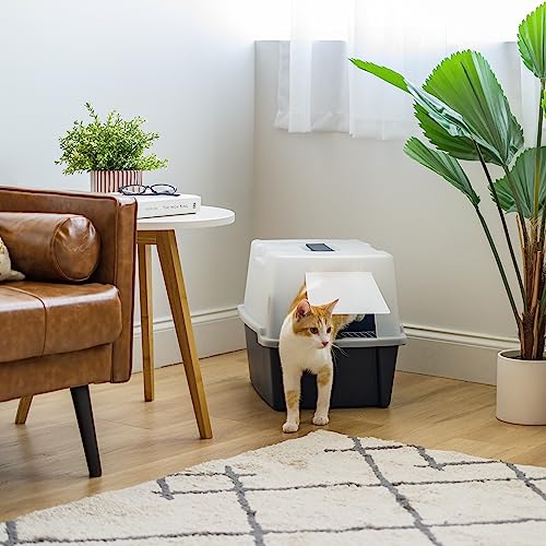 IRIS USA Large Hooded Cat Litter Box with Front Door Flap and Scoop, Enclosed Kitty Litter Tray with Entry Gate for Privacy and Keeping Litter Inside, Navy
