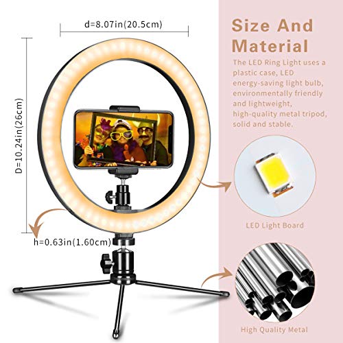 LED Ring Light 10" with Tripod Stand & Phone Holder for Live Streaming & YouTube Video, Dimmable Desk Makeup Ring Light for Photography, Shooting with 3 Light Modes & 10 Brightness Level