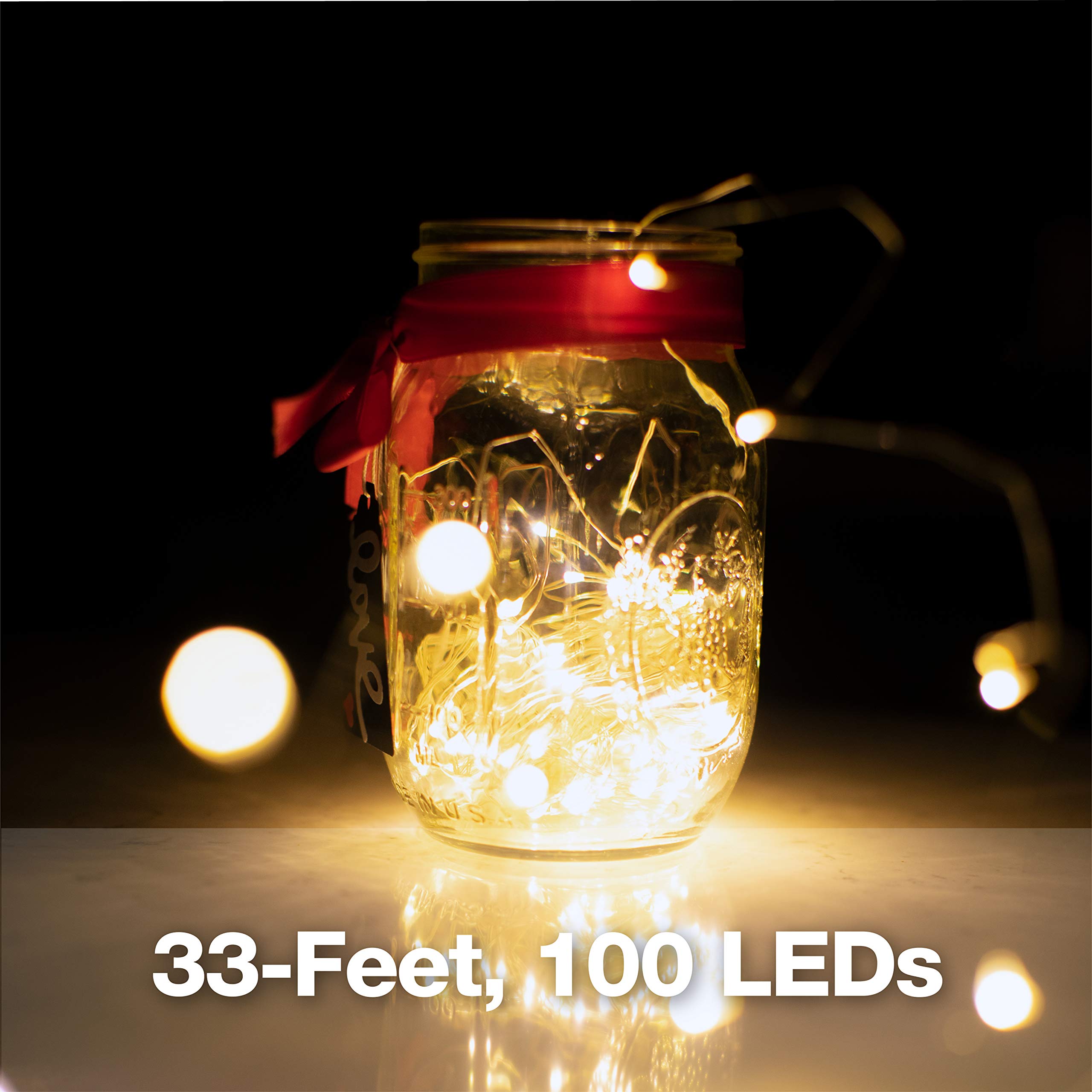 33ft Battery-Powered LED String Lights with 100 LED Lights, Waterproof Indoor Fairy Lights, Party Lights, Dorm Room Essentials (Copper Wire Lights, Warm White)