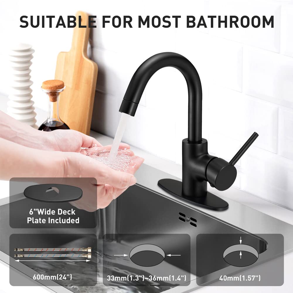 PHICHI Matte Black Bar Sink Faucet, Single Handle 1 Or 3 Hole Stainless Steel Gooseneck Faucets for Bathroom Outdoor with Hot & Cold Water Supply Lines