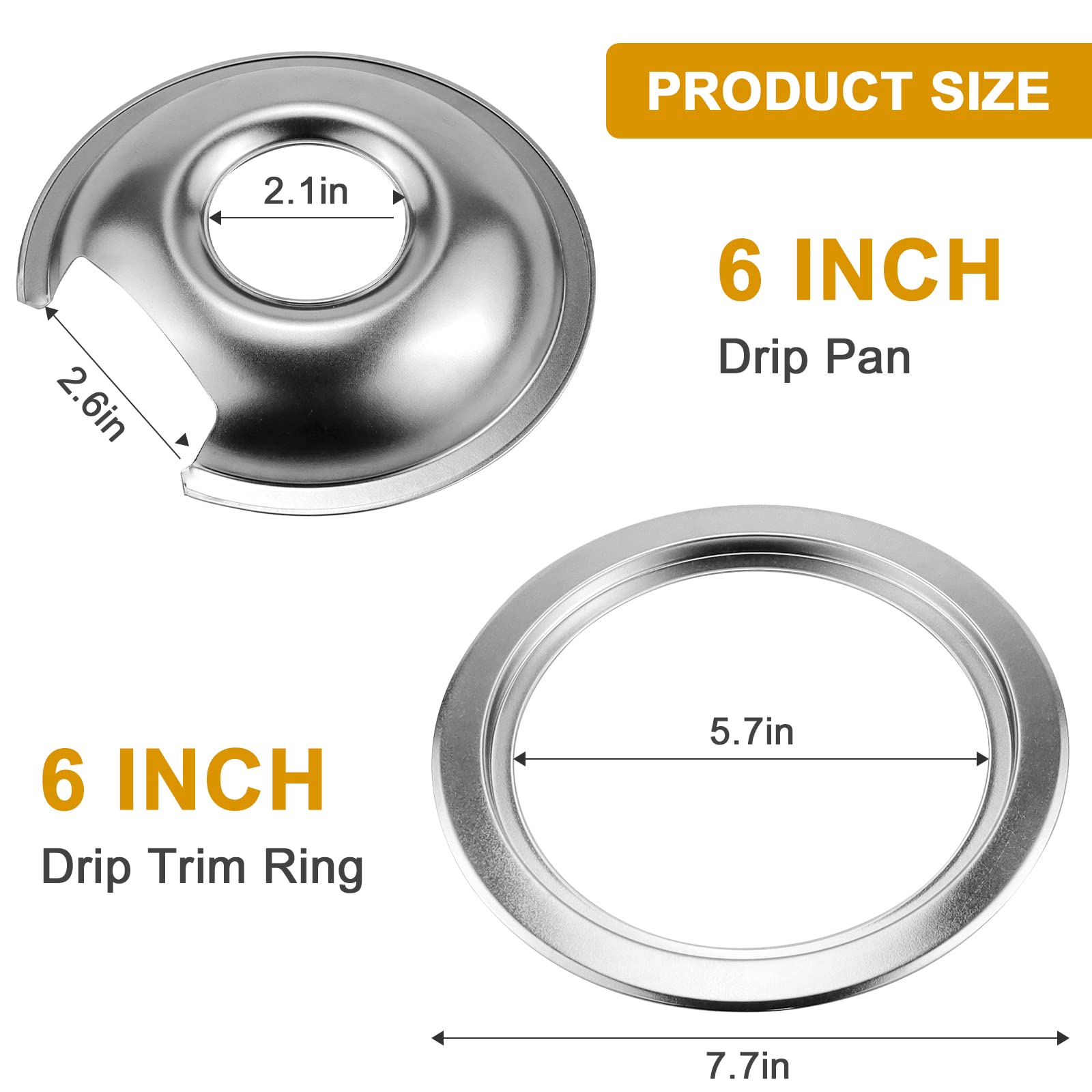 Burner Drip Pans 2 Large 8'' WB32X10013 & 2 Small 6'' WB32X10012 Chrome Drip Pan Set Fits for GE Hotpoint Electric Stove Top - Include 2 Pcs 6'' Drip Pan/Ring and 2 Pcs 8'' Drip Pan/Ring