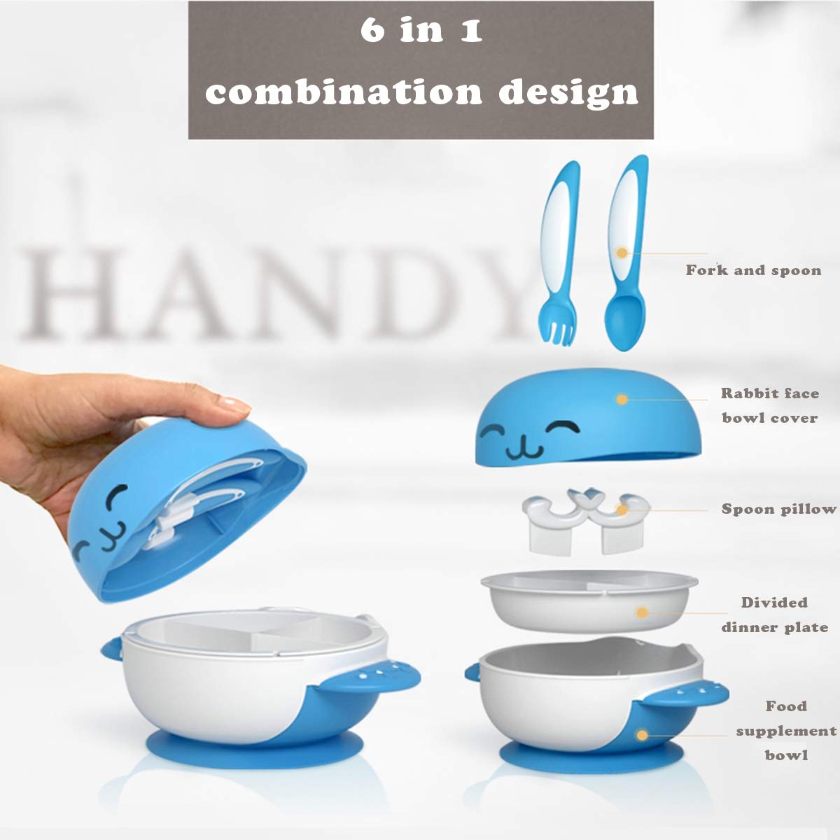 VoSinrly Baby Mate Suction Bowl for Toddlers with Fork & Spoon Set - Toddler Bowls with Suction and Lid - BPA Free Baby Feeding Set (Blue)