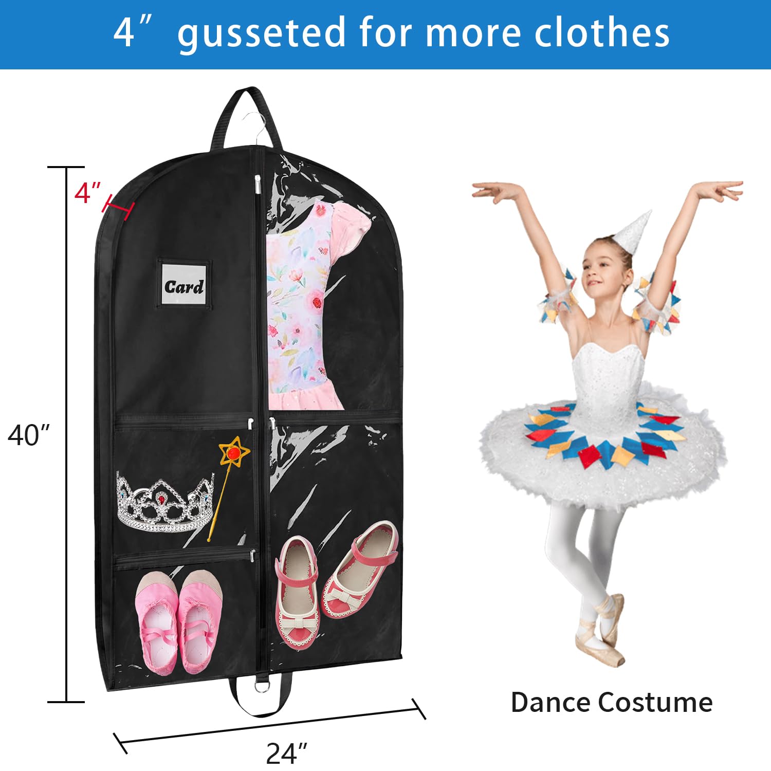 Dance Costume Garment Bags (2 Pack) 40 Inch Competition Dance Garment Bags with Pockets,2 Medium Clear Zipper Pockets and 1 Large Zippered Pocket