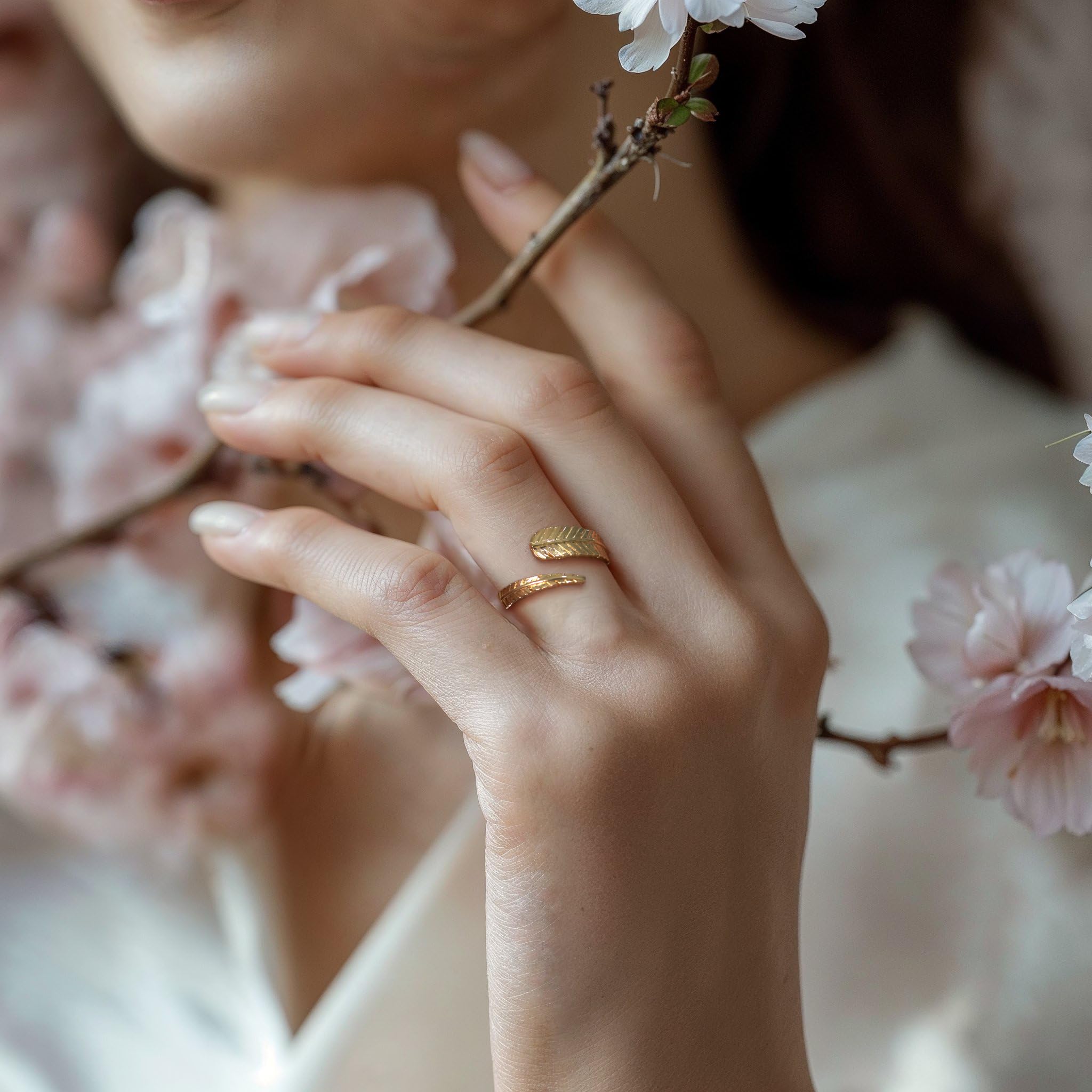 Adjustable Feather Ring - 14K Gold Plated over 925 Sterling Silver Customizable Open Ended Spiral Ring, Dainty Flexible Feather Ring, Wrap and Fit to Every Finger, Handmade Jewelry Rings for Women