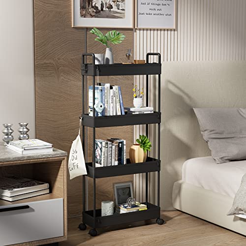 SOLEJAZZ Slim Storage Cart, 4 Tier Bathroom Organizer Mobile Shelving Unit, Rolling Utility Cart Slide Out Organizer for Kitchen, Bathroom, Laundry, Narrow Places, Black