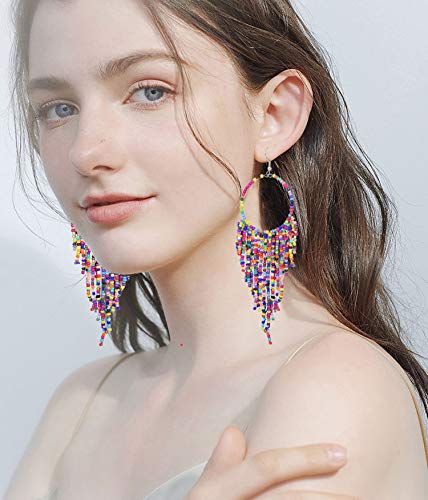 4-6 Pairs Long Beaded Tassel Dangle Earrings Handmade Bohemian Multicolor Statement Seed Beads Drop Earrings for Women (A)