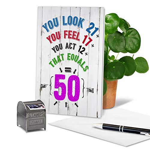 NobleWorks - 50th Funny Milestone Birthday for Men and Women, Celebrate and Congrats Notecard with Envelope - Age Equation 50 Birthday C7195MBG