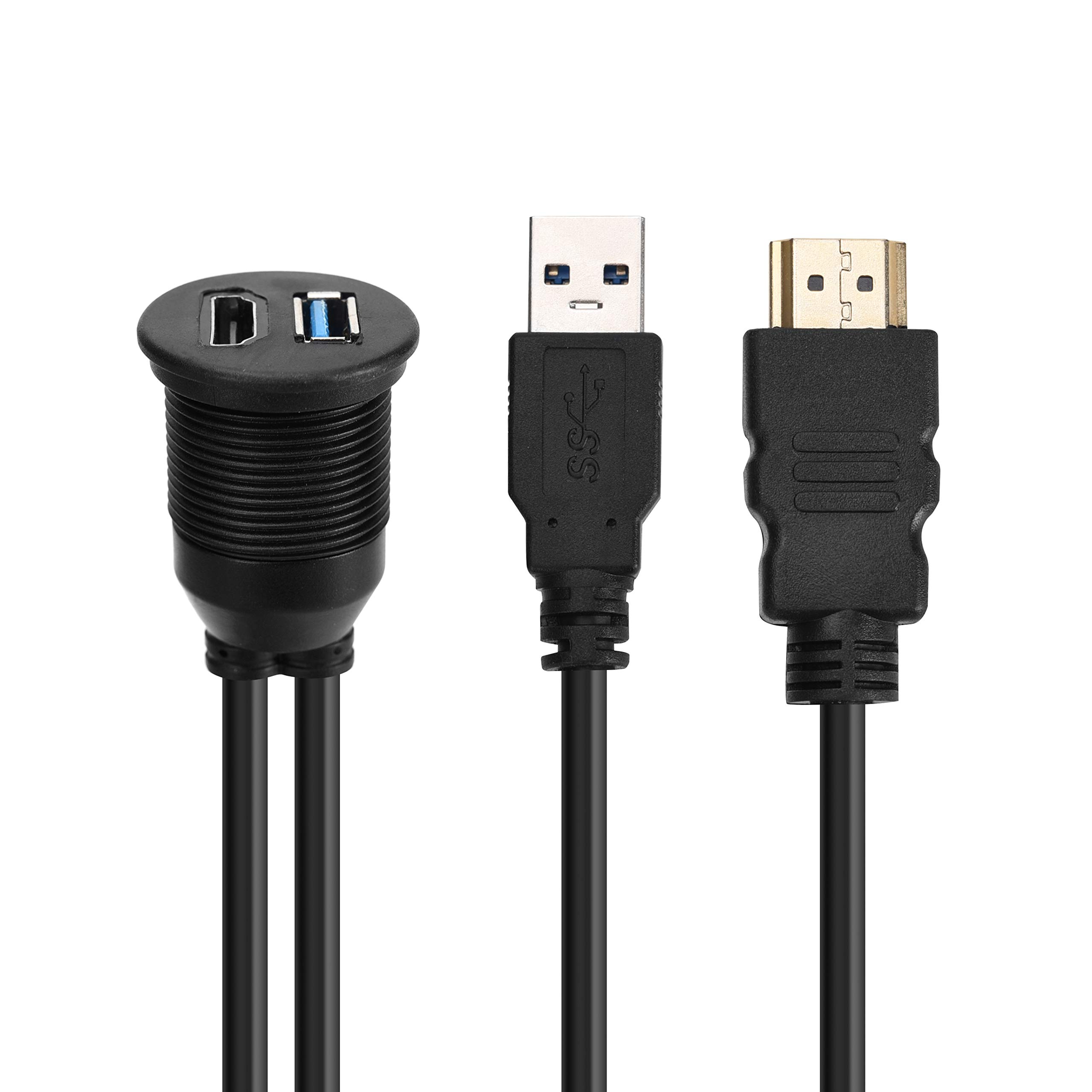 USB Mount Cable –USB Extension Flush, Dash, Panel Mount Cable, for Car, Boat, Motorcycle and More (3.0+HDM+3.3Ft)