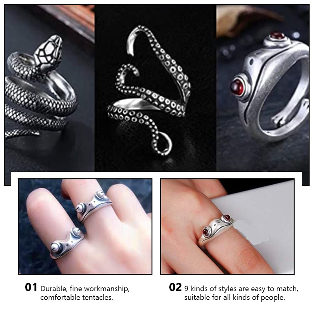8-15 Pcs Vintage Open Punk Rings Set Adjustable Gothic Rings Cool Stackable Animal Rings Bulk Chunky Knuckle Finger Rings Snake Frog Rings for Women Men