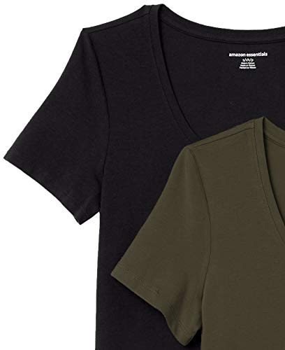 Amazon Essentials Women's Classic-Fit Short-Sleeve Scoop Neck T-Shirt (Available in Plus Size), Pack of 2, Dark Olive/Black, XX-Large