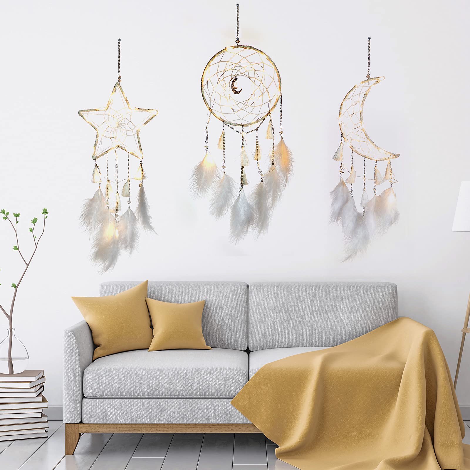 3 Pieces LED Dream Catcher Handmade Chain Dream Catcher Moon Sun Star Bohemian Design Home Decor for Wall Hanging Home Decoration