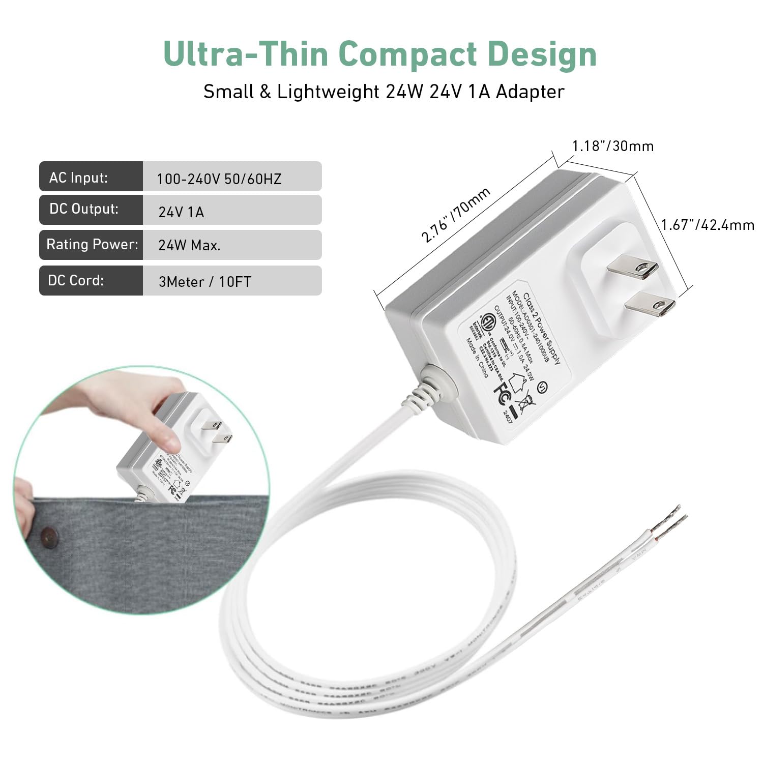Rollerhouses 24V 1A 24W White Plug-in Transformer DC Wall Charger Adapter/Power Supply Adapter w/5 Ft Cable, AC 100-240V to DC 24V Power Converter White