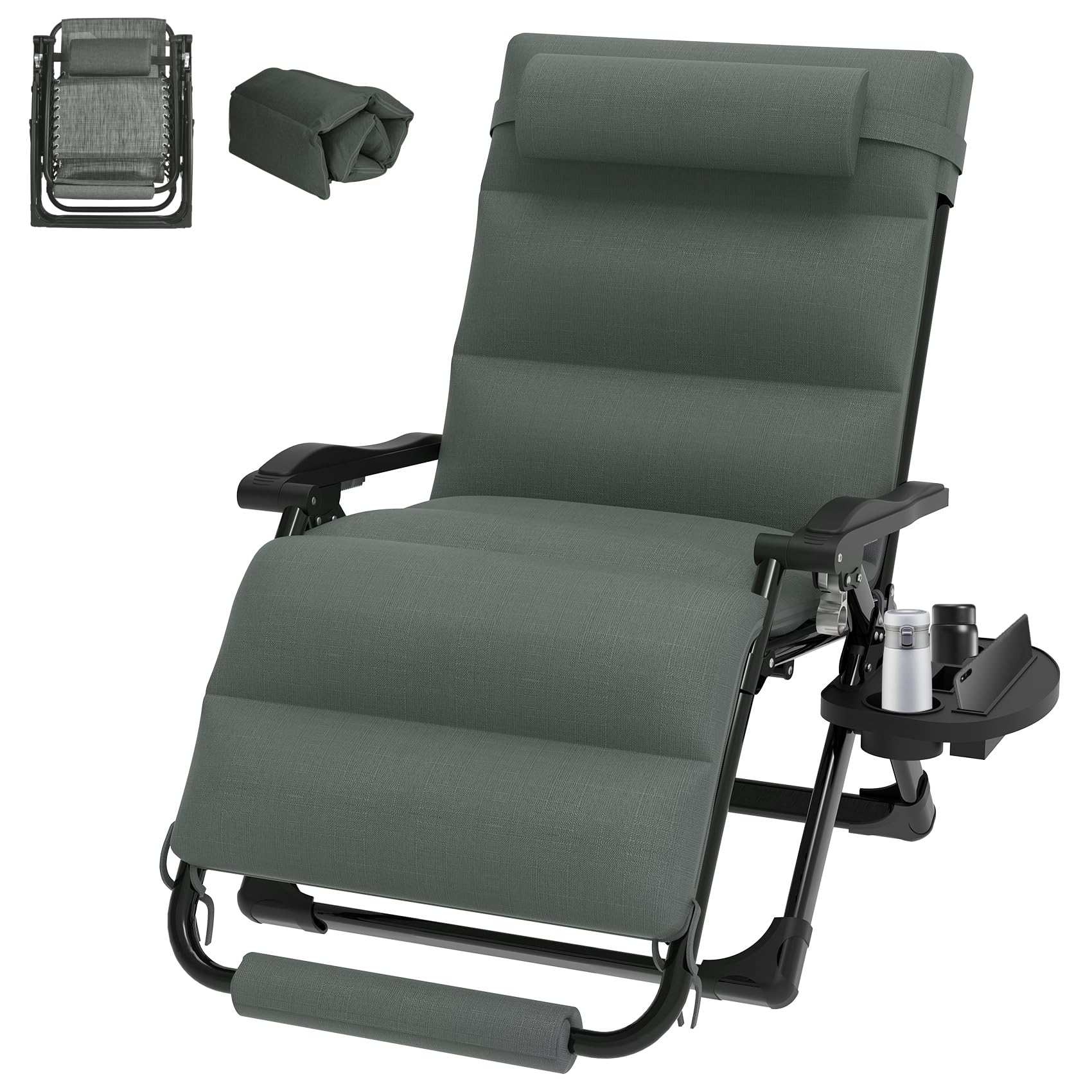 Suteck Oversized Zero Gravity Chair XL Reclining Camping Chair w/Washable Cushion, Outdoor Lounge Chairs Patio Recliner with Large Cup Holder, Footrest, Padded Headrest, Support 500LBS, Grey