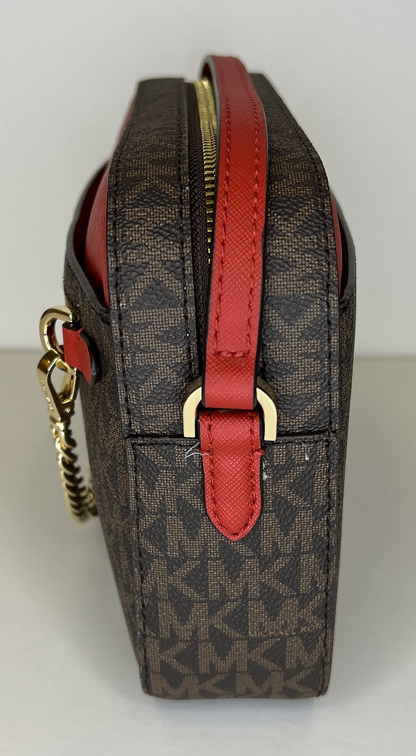 Michael Kors Jet Set Large Chain Crossbody Bag bundled with with SM TZ Coinpouch Wallet and Purse Hook (Signature MK Brown/Flame)