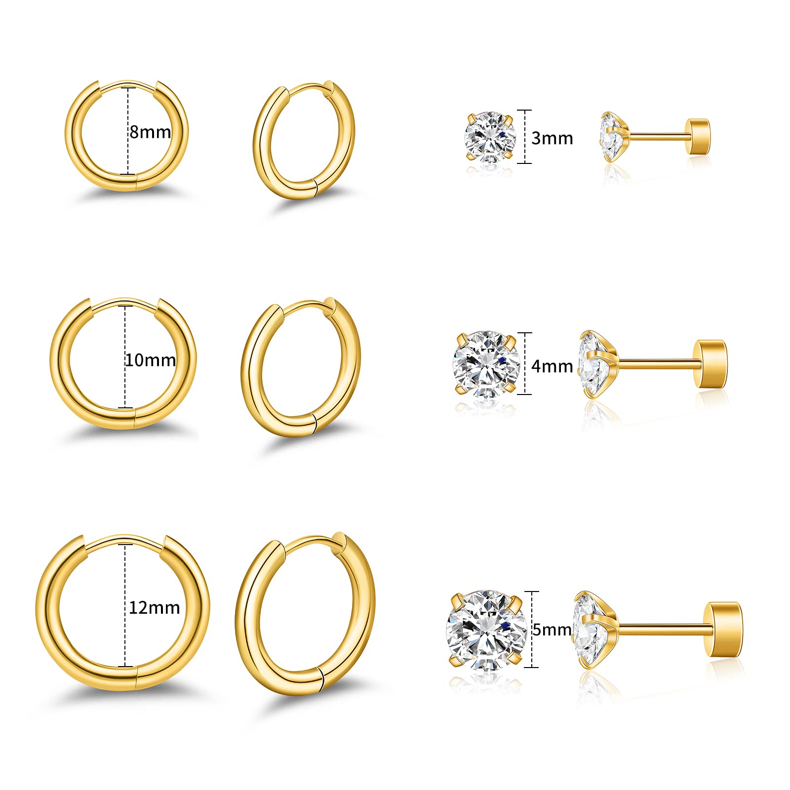 6 Pairs 18K Gold Plated Earring Sets for Multiple Piercing, Small Huggie Hoop Earrings, Flat Back Tiny Ball CZ Stud Earrings for Women Girls
