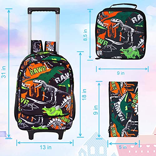 3PCS Rolling Backpack for Boys,Kids Dinosaur Bookbag with Roller Wheels, Suitcase School Bag Set for Toddler Elementary