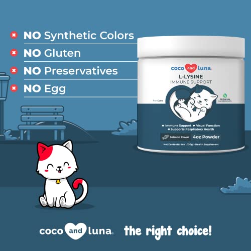 L-Lysine Supplement for Cats 4oz/120g - Cat Supplement for Sneezing and Runny Nose, Cat Cold, Cat Immune Support, Eye Function and Respiratory Health β Lysine Powder for Cats, Salmon Flavor