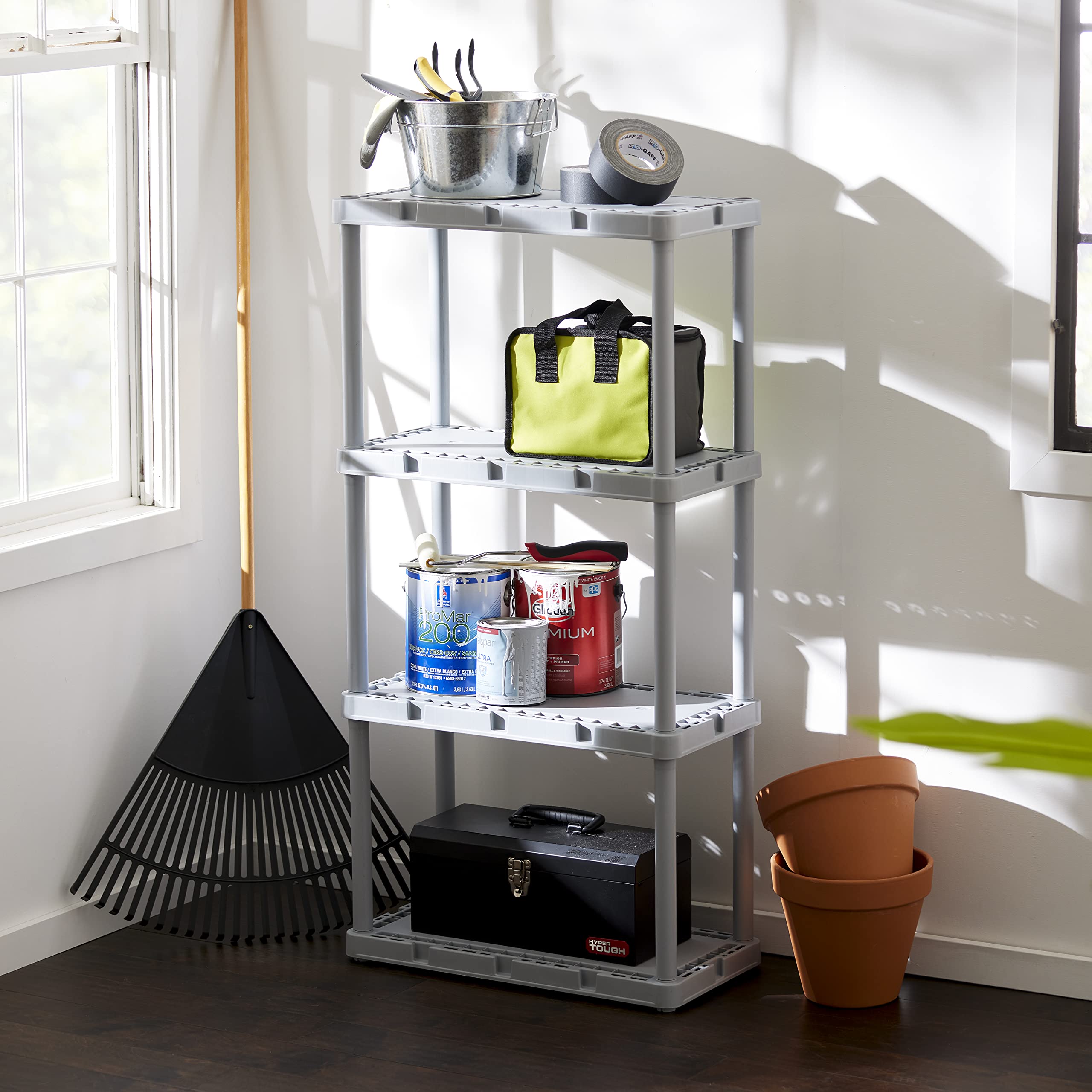 Gracious Living 4 Shelf Knect-A-Shelf Ventilated Light Duty Storage Unit Organizer System for Home, Garage, Basement, and Laundry, Gray.