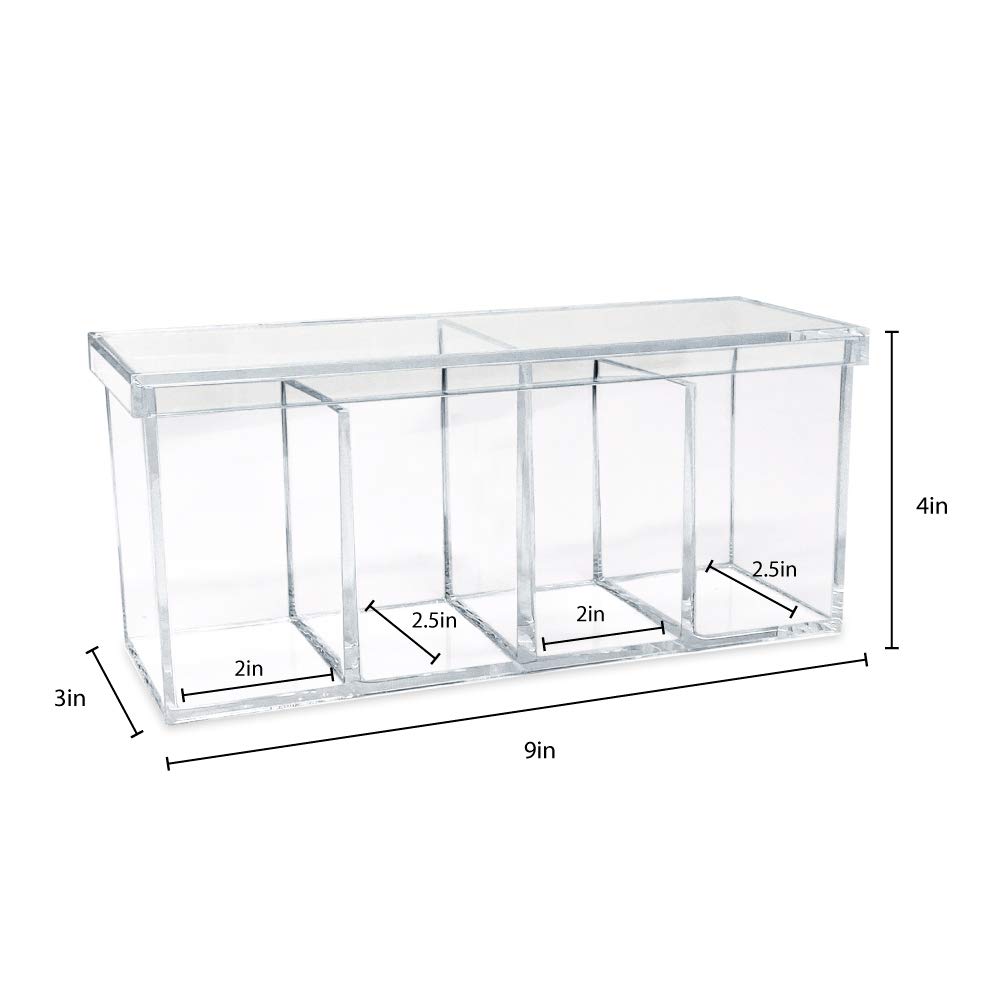 Isaac Jacobs 4-Compartment Clear Acrylic Organizer with Lid (9” L x 3” W x 4” H), Makeup Brush Holder, Sectional Tray, Storage Solution for Makeup, Crafts, Office Supplies & More (1, Clear)