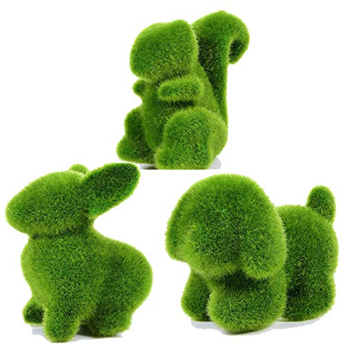 3 Pcs Artificial Moss Animal Turf Grass Rabbit Furry Flocked Bunny Rabbit Alpaca Squirrel Puppy Figurine Easter Rabbit Cute Animal Ornaments Decor for Home Office Party Desk Garden