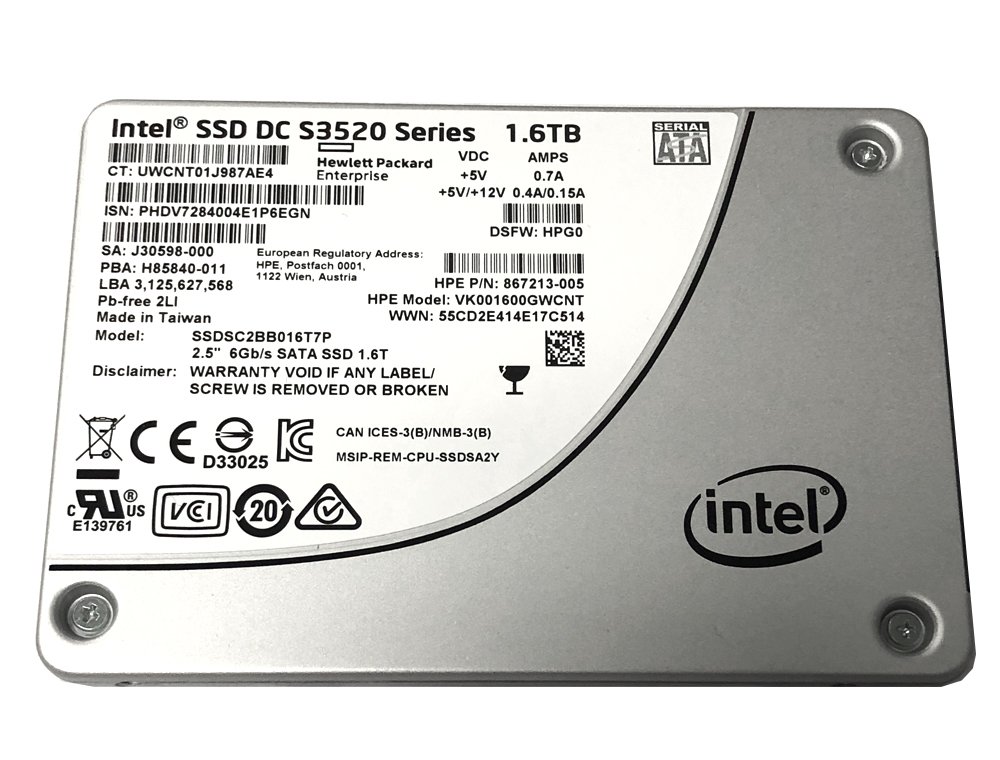 HP 867213-005 Intel DC S3520 Series 1.6TB 2.5-inch 7mm SATA III MLC (6.0Gb/s) Internal Solid State Drive (SSD) SSDSC2BB016T7P Model VK001600GWCNT - New OEM w/ 5 Years Warranty