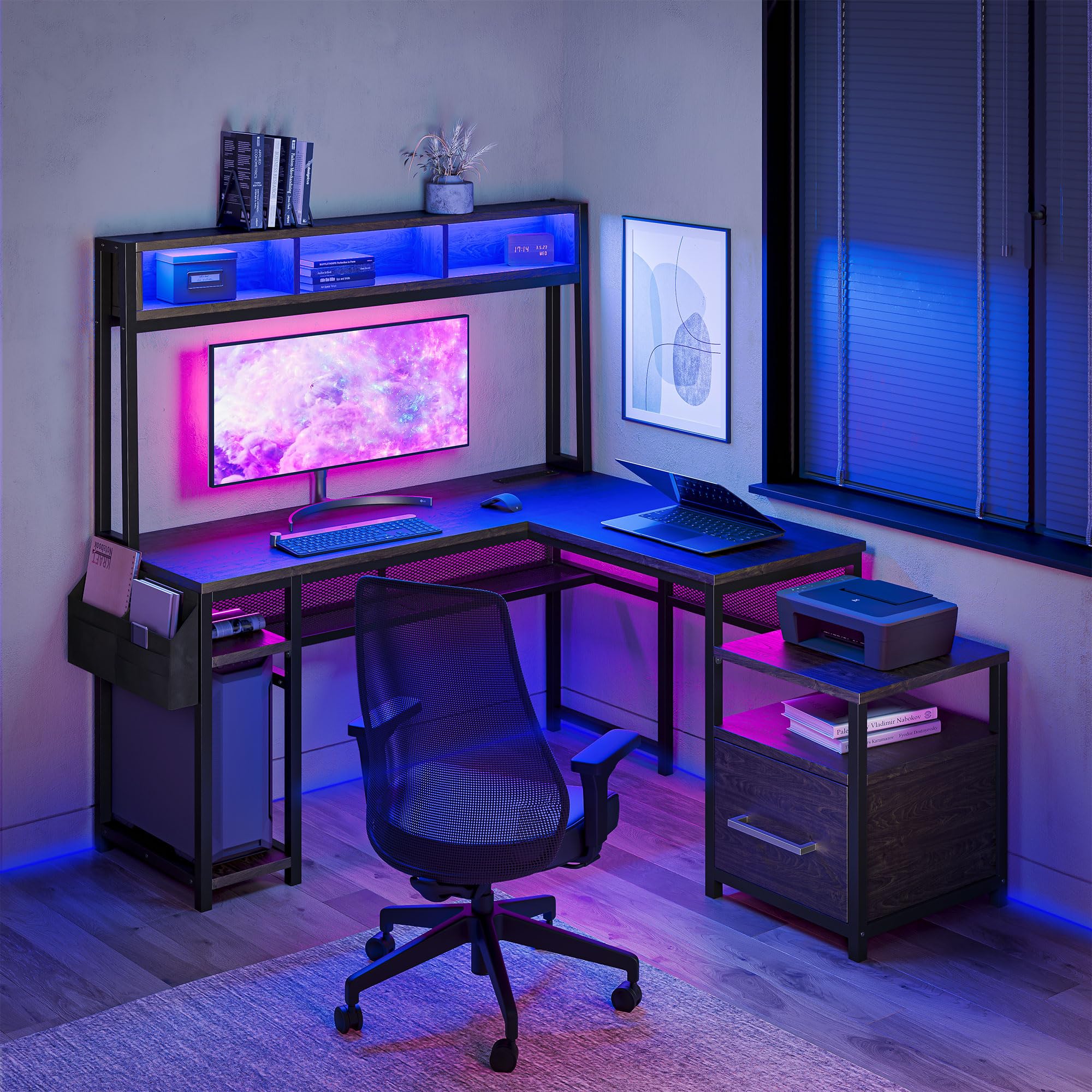 BELLEZE Computer Desk with Hutch and File Cabinet, 104" Long Gaming Desk with RGB LED Lights and USB AC Outlet, Reversible L-Shaped Desk for Home Office (Eclipse - Brown)