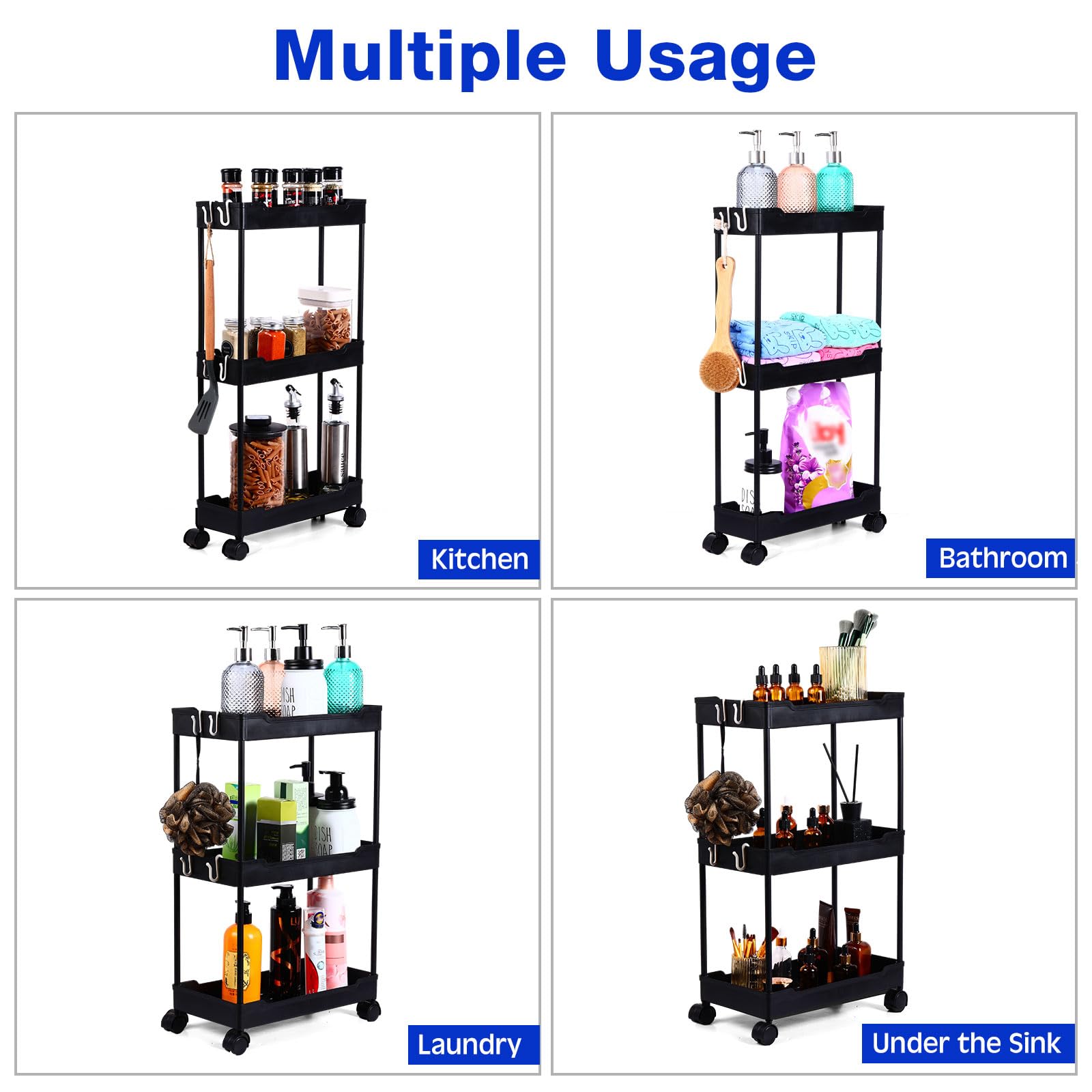 4 Pcs 3 Tier Slim Rolling Storage Cart, Bathroom Laundry Room Organizer Utility Storage Cart with Wheels and Hooks, Multi Functional Storage Trolley for Kitchen Bedroom Office Laundry Room, 2 Sizes