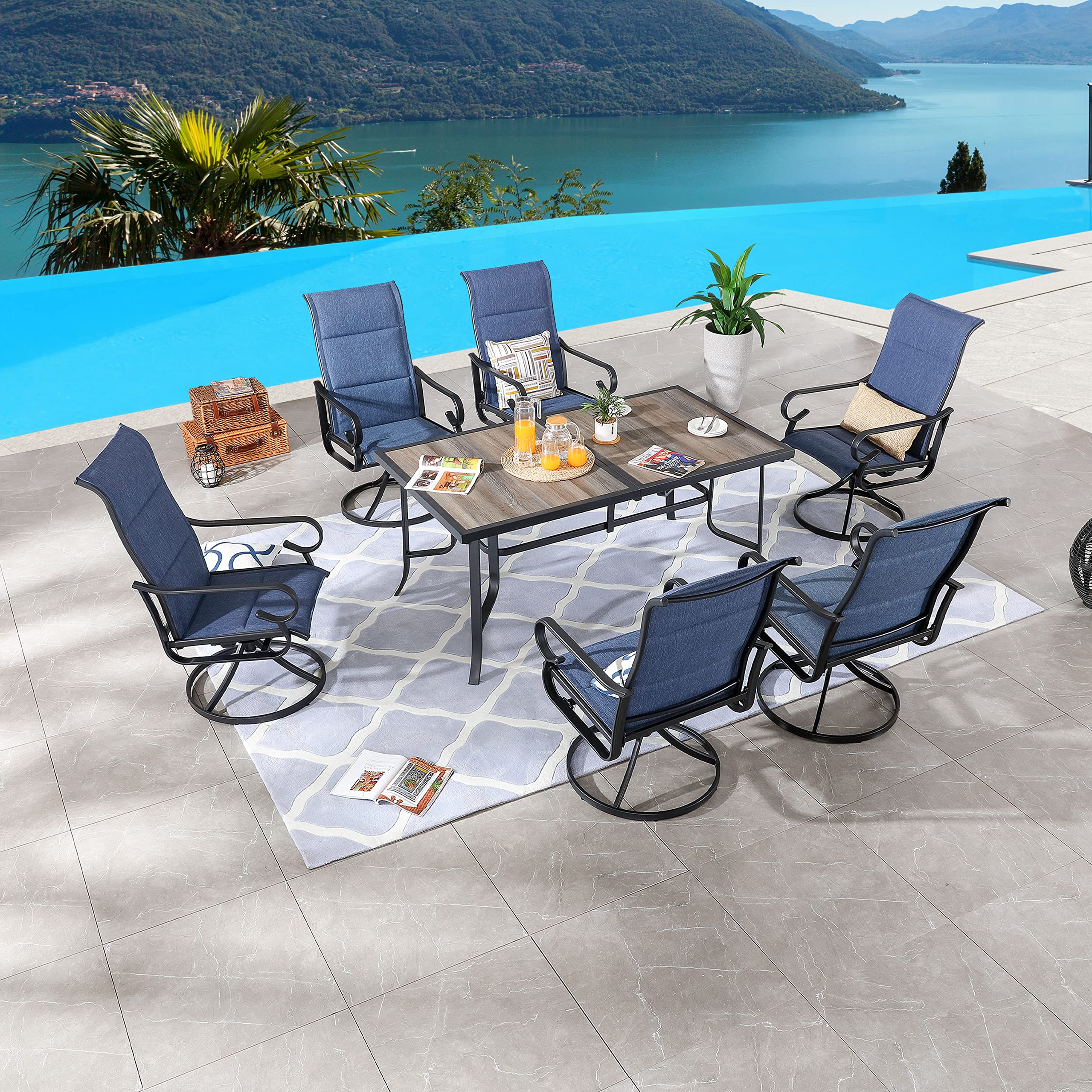 LOKATSE HOME Metal Swivel Outdoor Patio Dining Textilene Chair Bistro Set of 6, 6 PCS, Blue