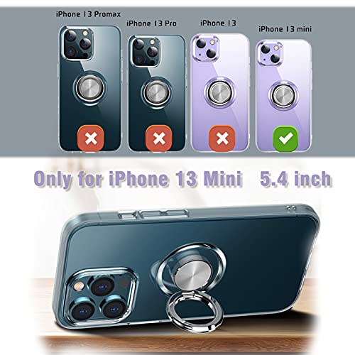 aowner Compatible with iPhone 13 Mini Case Crystal Clear Not Yellowing Military Grade Shockproof Ultra Slim Thin Fit with Ring Holder Kickstand Protective Phone Case Cover 5.4 inch 2021 (Clear)