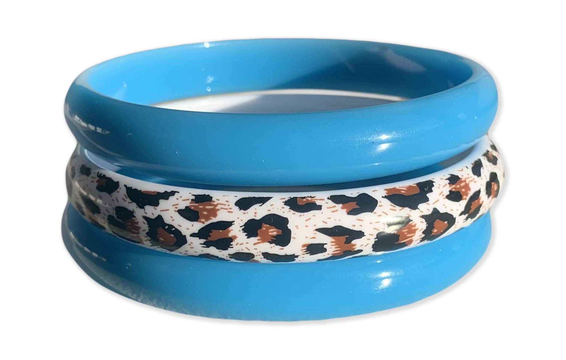 3 Pack Bangles w/Cheetah Print 80s Style Bracelets (Neon Blue)