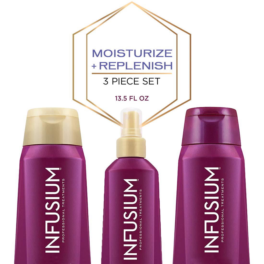 Infusium Professional Shampoo 13.5 oz, Conditioner 13.5 oz, and Leave-In Treatment 11 oz Set - Repair & Replenish - 3 Bottles