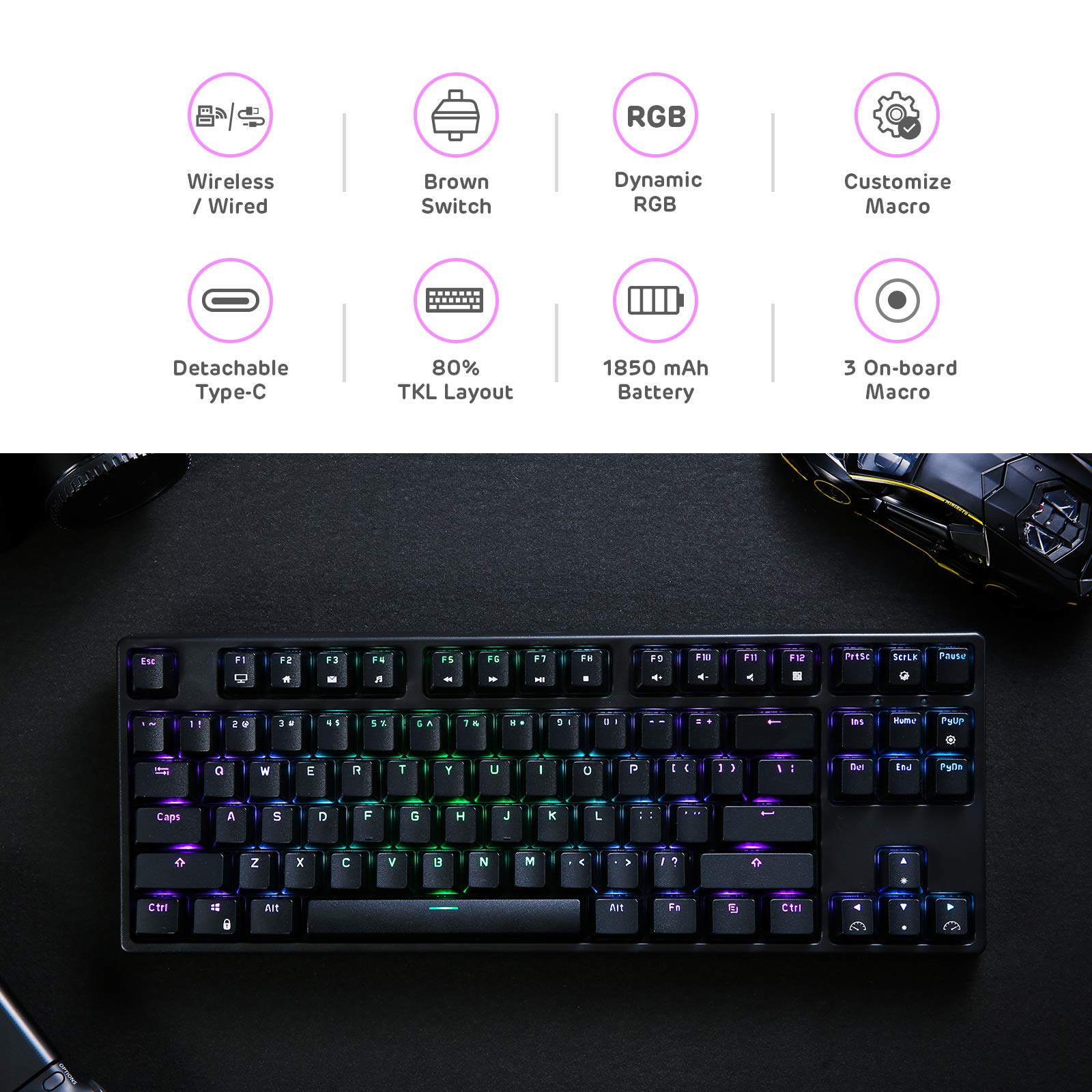 RK ROYAL KLUDGE RK87 Sink87G RGB Wireless TKL Mechanical Gaming Keyboard, 87 Keys No Numpad Tenkeyless Compact 2.4G Wireless Keyboard with Tactile Brown Switches, Exceptional Macro Settings