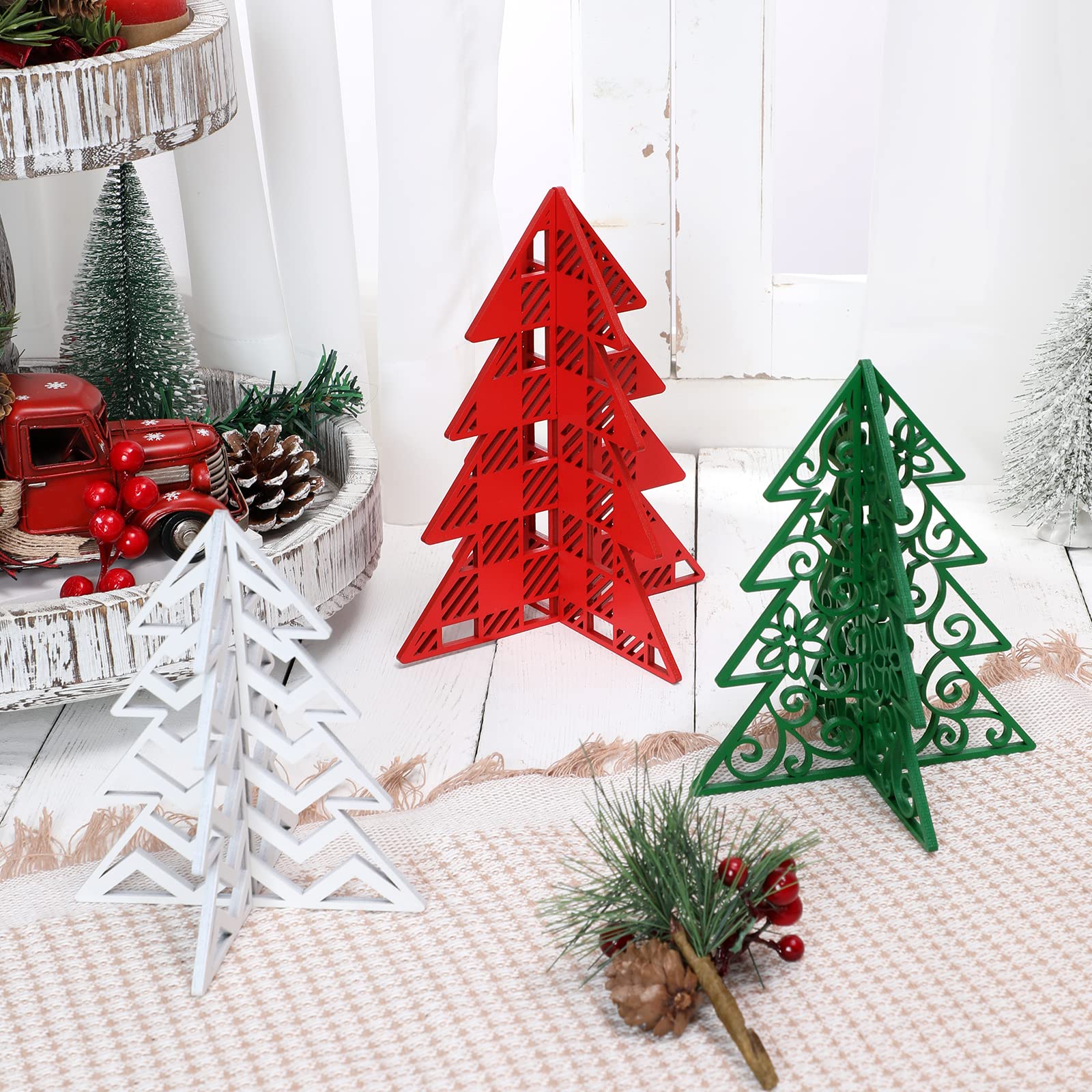 3pcs Tabletop Christmas Tree Wooden Christmas Tree Xmas Decor Standing 3D Christmas Trees Merry Christmas Sign Decoration Tree for Table Mantel Shelf Tiered Tray Holiday Home Decor