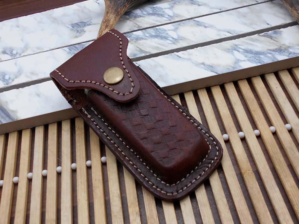 8" Long Folding Knife with Pocket Clip, Hand Forged Damascus Steel 3.5" Blade. Rose Wood Scale with Damascus Bolster, Cow Hide Leather Sheath Included with Belt Loop (Walnut Wood)