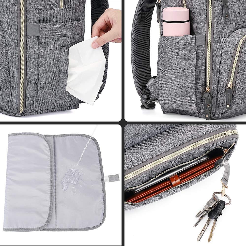 iniuniu Diaper Bag Backpack, Large Unisex Baby Bags Multifunction Travel Backpack for Mom and Dad with Changing Pad and Stroller Straps, Gray