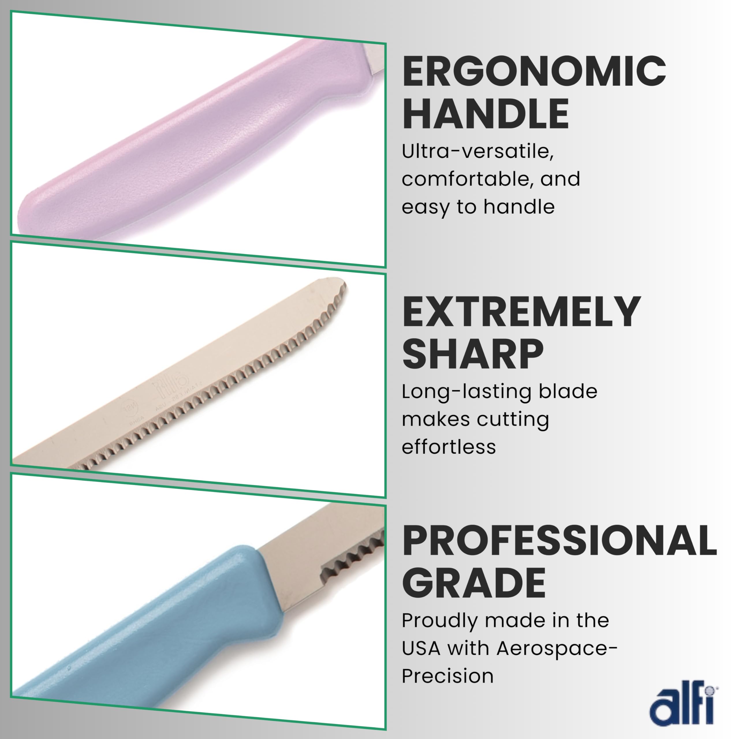 Alfi All-Purpose Knives Aerospace Precision Rounded Tip - Home And Kitchen Supplies - Serrated Steak Knives Set | Made in USA (3 Pack, Strawberry Pink)