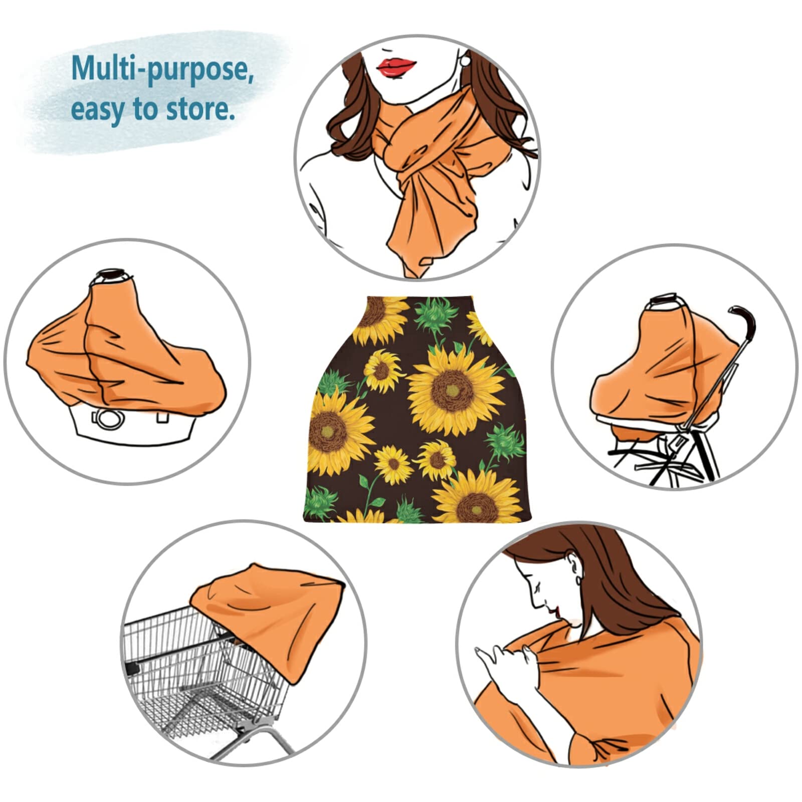 Nursing Cover Breastfeeding Scarf Sunflowers Black- Baby Car Seat Covers, Infant Stroller Cover, Carseat Canopy(v)