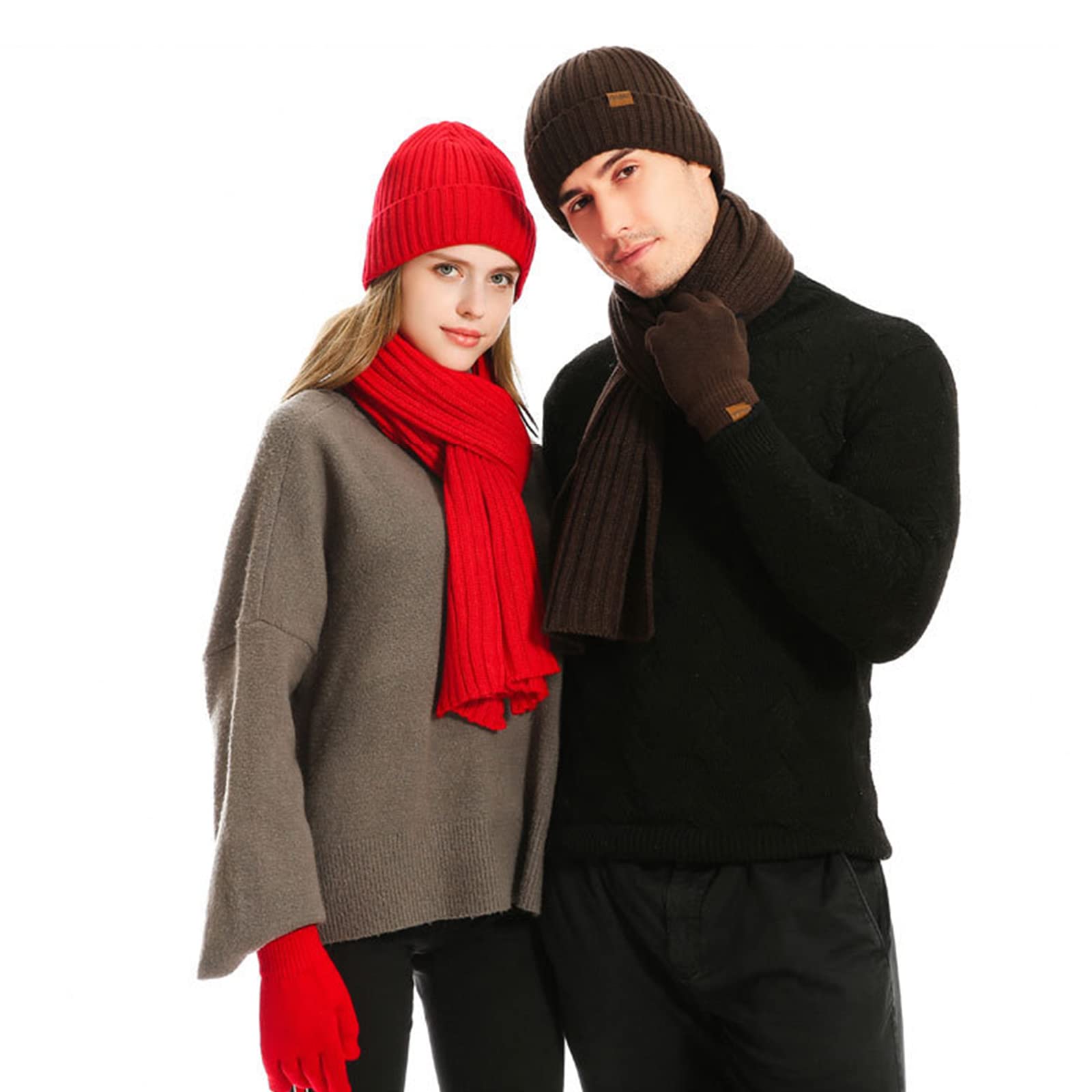 3Pcs Winter Beanie Hat Scarf Gloves Set for Men Womens Ski Cap Touch Screen Mittens Suit Couples Matching Hats for Men Women (Coffee)