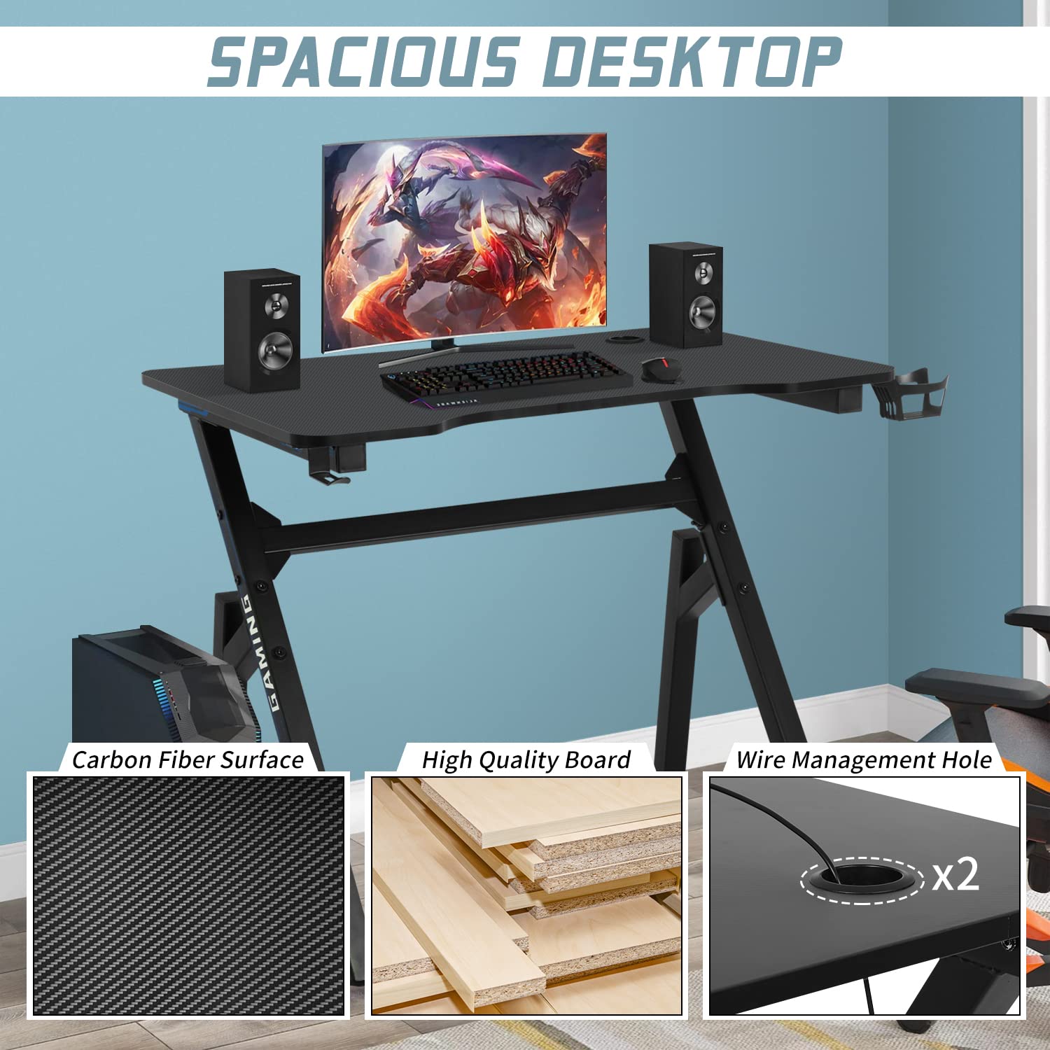 35" Gaming Desk Student Computer Desk Home Office Desk Gamer PC Workstation Large Modern Ergonomic Pc Carbon Fiber Writing Desk Table with Cup Holder Headphone Hook R Shape Table, Blue