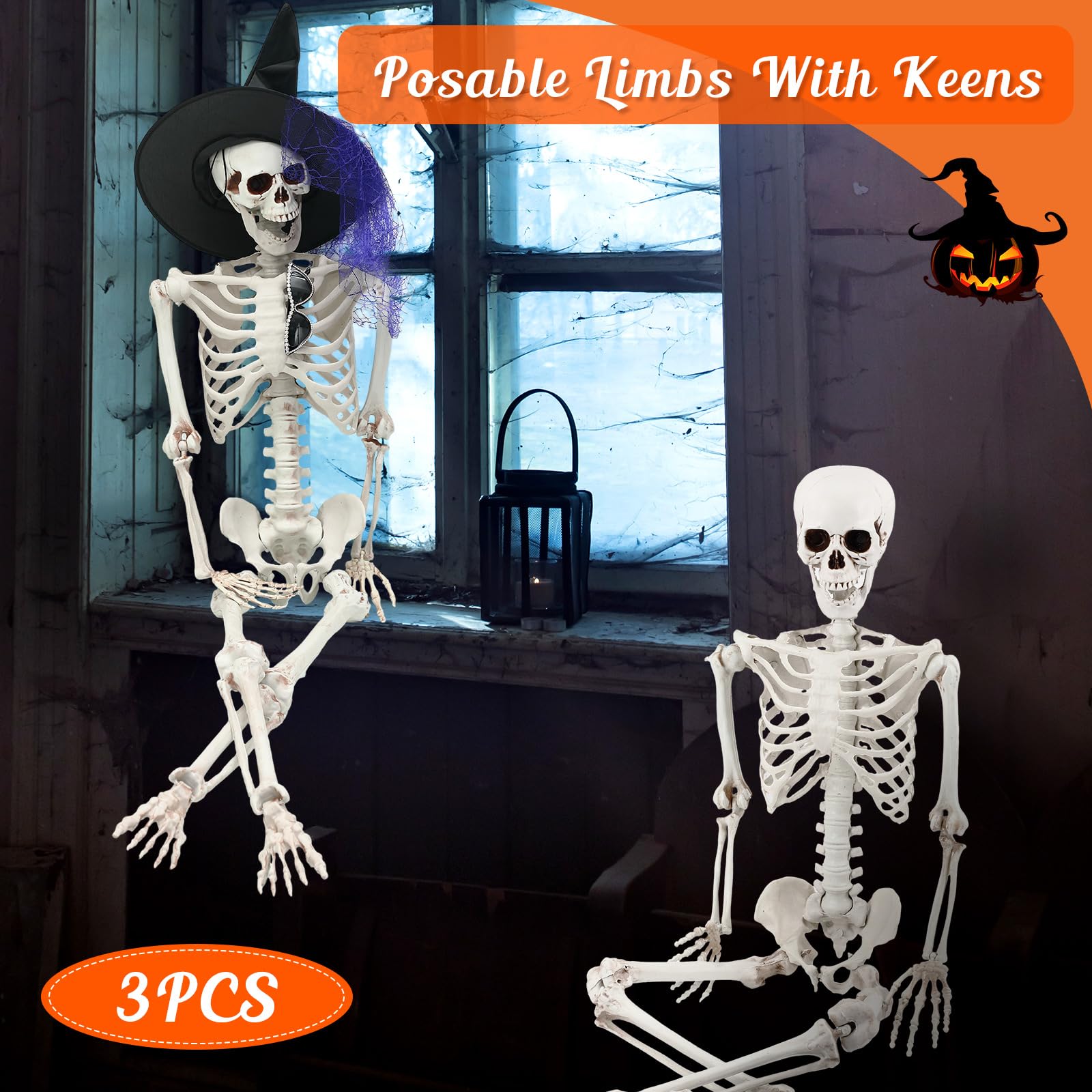 3 Pcs Halloween Skeleton Decoration Poseable Skeleton Full Size Halloween Skeleton Plastic Skeleton with Movable Posable Joints for Hanging Halloween Outdoor Yard Garden Lawn Party Decor (5 ft)