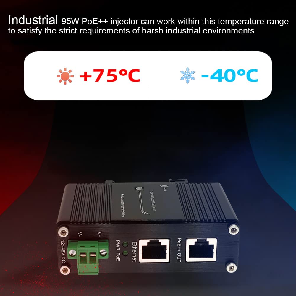 Elenzk Industrial Gigabit PoE++ Injector Hardened IEEE802.3at/bt 95W PoE Adapter with 12-48VDC Input DIN-Rail and Wall Mount